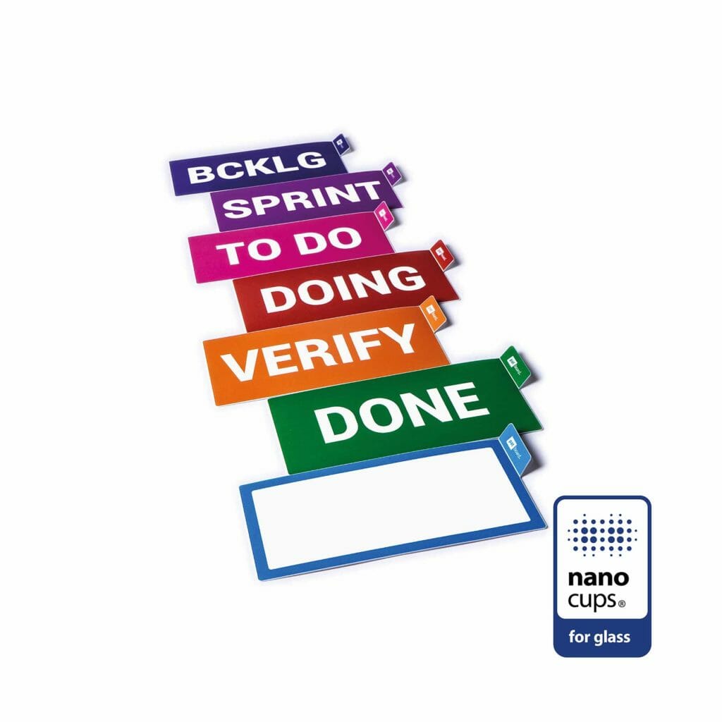 7x Column Cards scrum kanban - nanocups for glass - PATboard